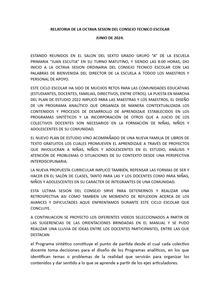 RELATORIA DE LA OCTAVA SESION DEL CONSEJO TECNICO ESCOLAR Junio | PDF ... RELATORIA DE LA OCTAVA SESION DEL CONSEJO TECNICO ESCOLAR Junio | PDF ...