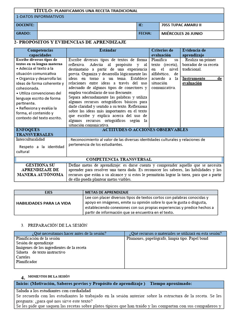 Sesion Planificamos Una Receta TRADICIONAL | PDF | Aprendizaje | Evaluación