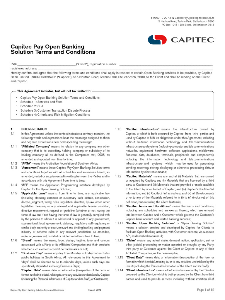 Capitec Pay Openbanking Solution Terms and Conditions 1 March 2024 Nosig | PDF | Banks ...