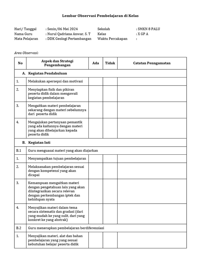 Lembar Observasi Kelas | PDF | Seni | Sains & Matematika