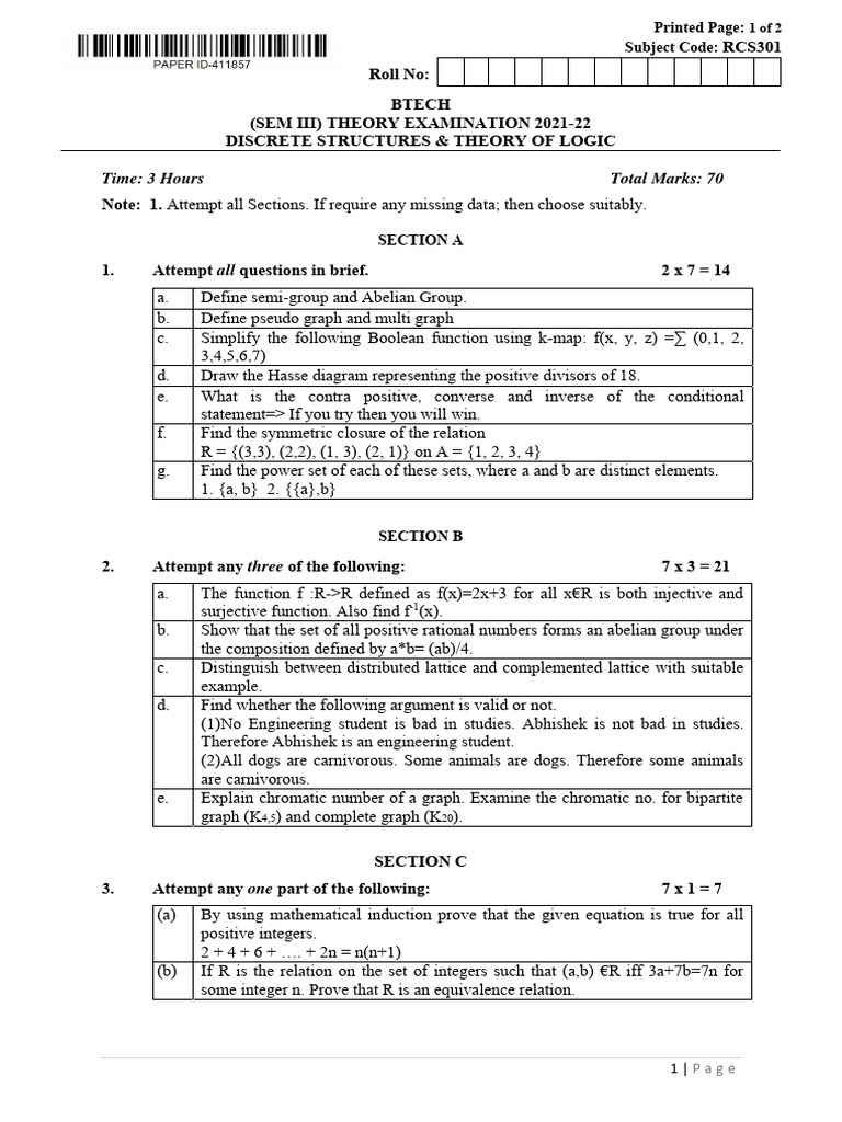 Btech Cs 3 Sem Discrete Structures and Theory of Logic rcs301 2022 | PDF | Function (Mathematics ...
