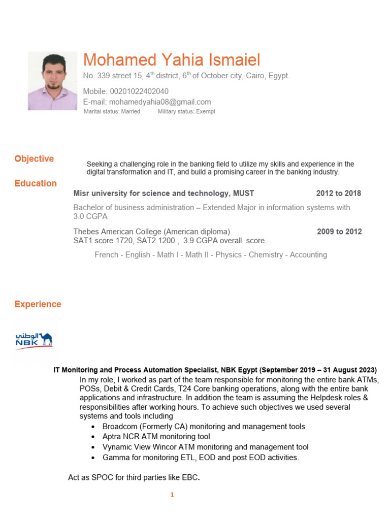 Mohamed Yahia Ismaiel: Objective Education | PDF | Automated Teller Machine | Ibm