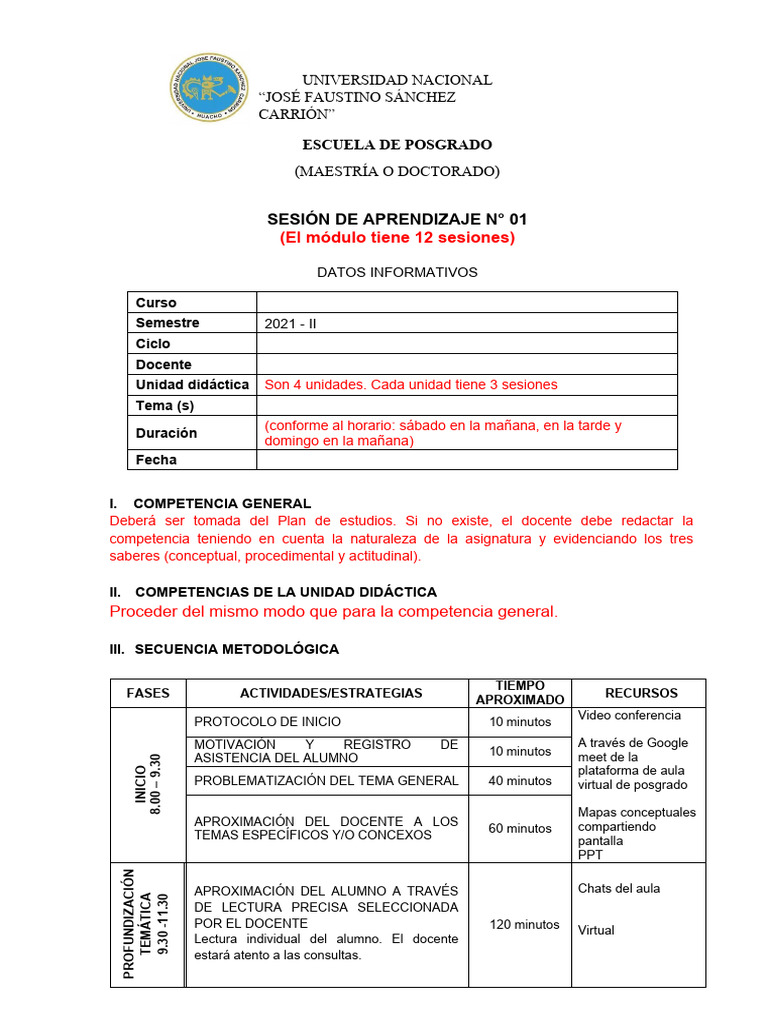 3 Modelo Sesion Aprendizaje - Posgrado | PDF | Maestros | Evaluación