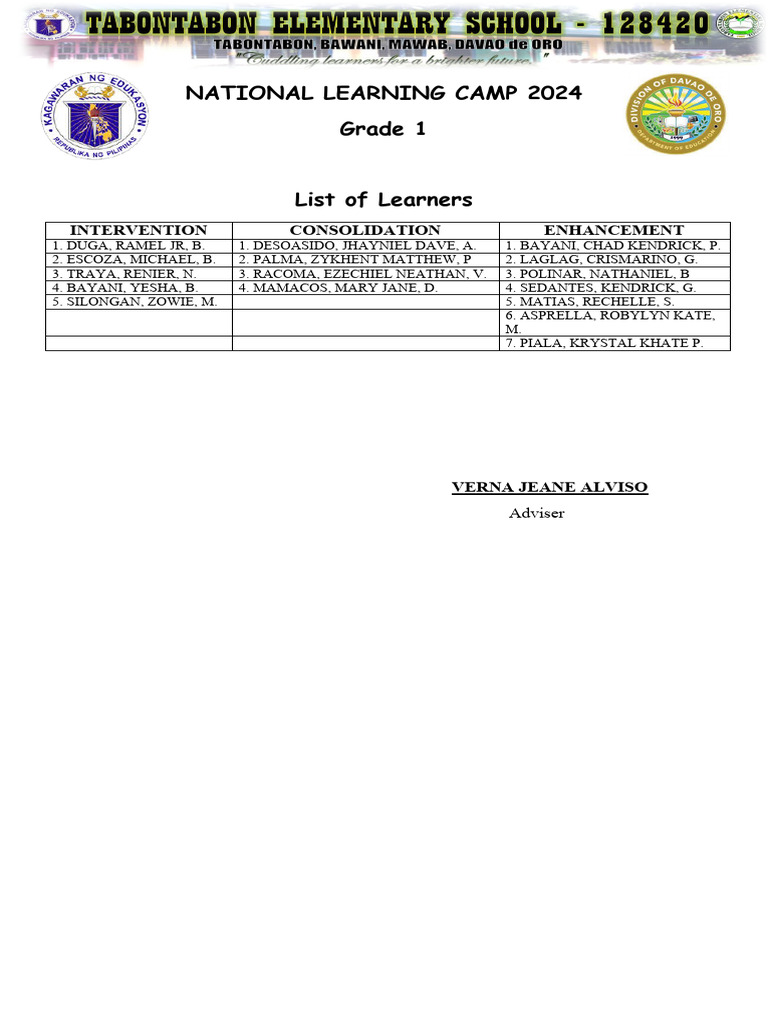National Learning Camp 2024: Grade 1 Learners | PDF | Wellness