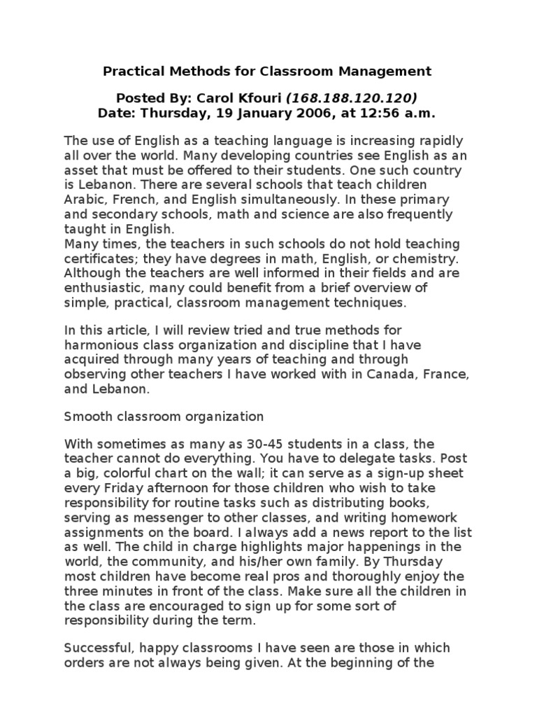 Practical Methods For Classroom Management | PDF | English As A Second ...