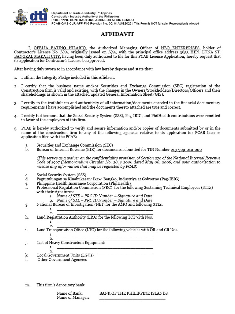 Contractors - AFFIDAVIT (Repaired) | PDF | Affidavit