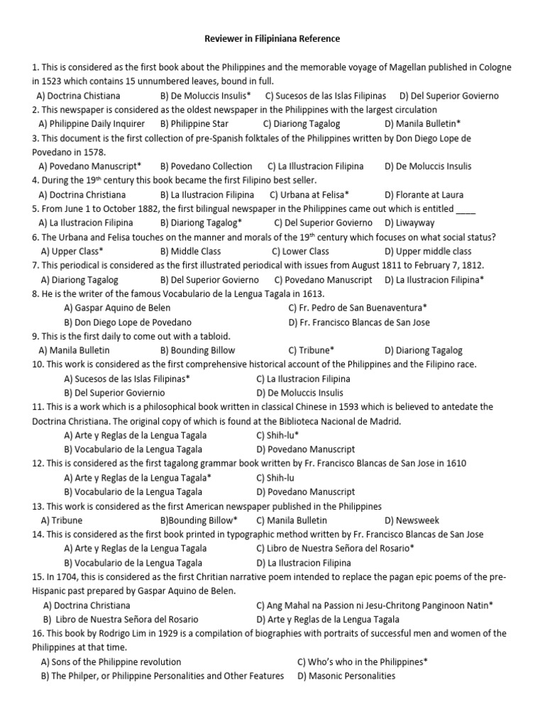 Filipiniana Reference Review Quiz | PDF | Tagalog Language | Philippines
