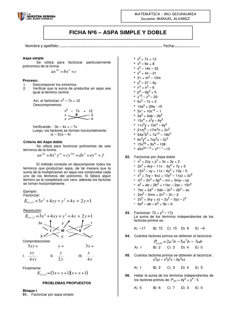 Factorización: Aspa Simple y Doble | PDF | Factorización | Matemáticas