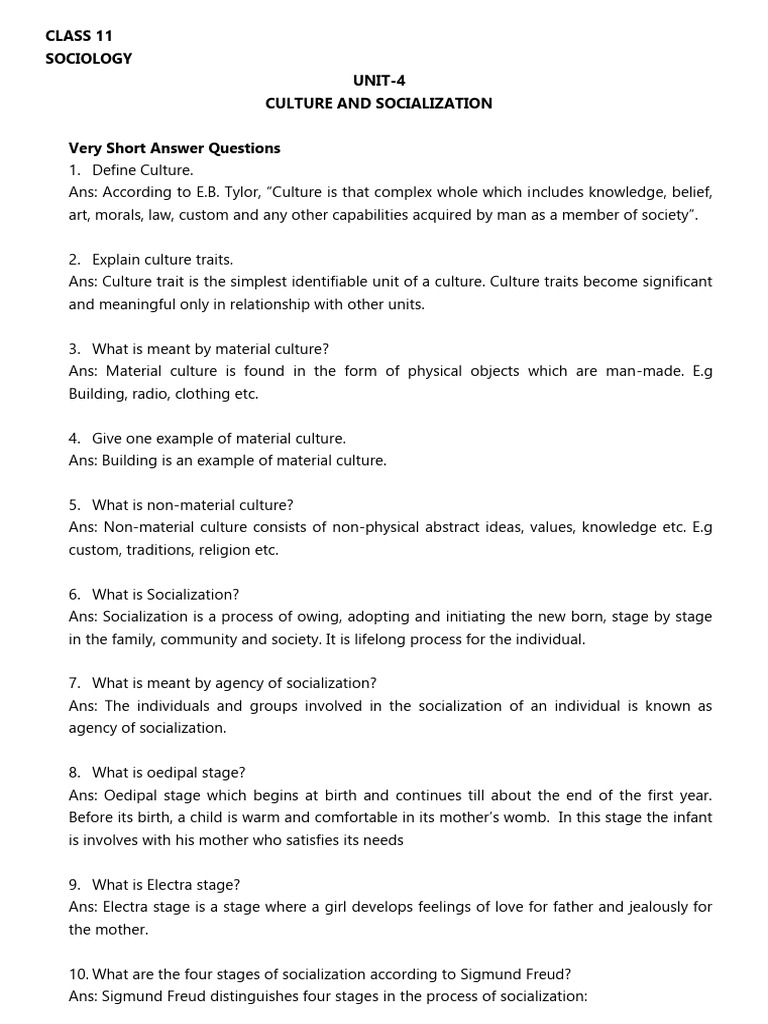 Class 11 Unit 4 Culture and Socialization | PDF | Socialization ...