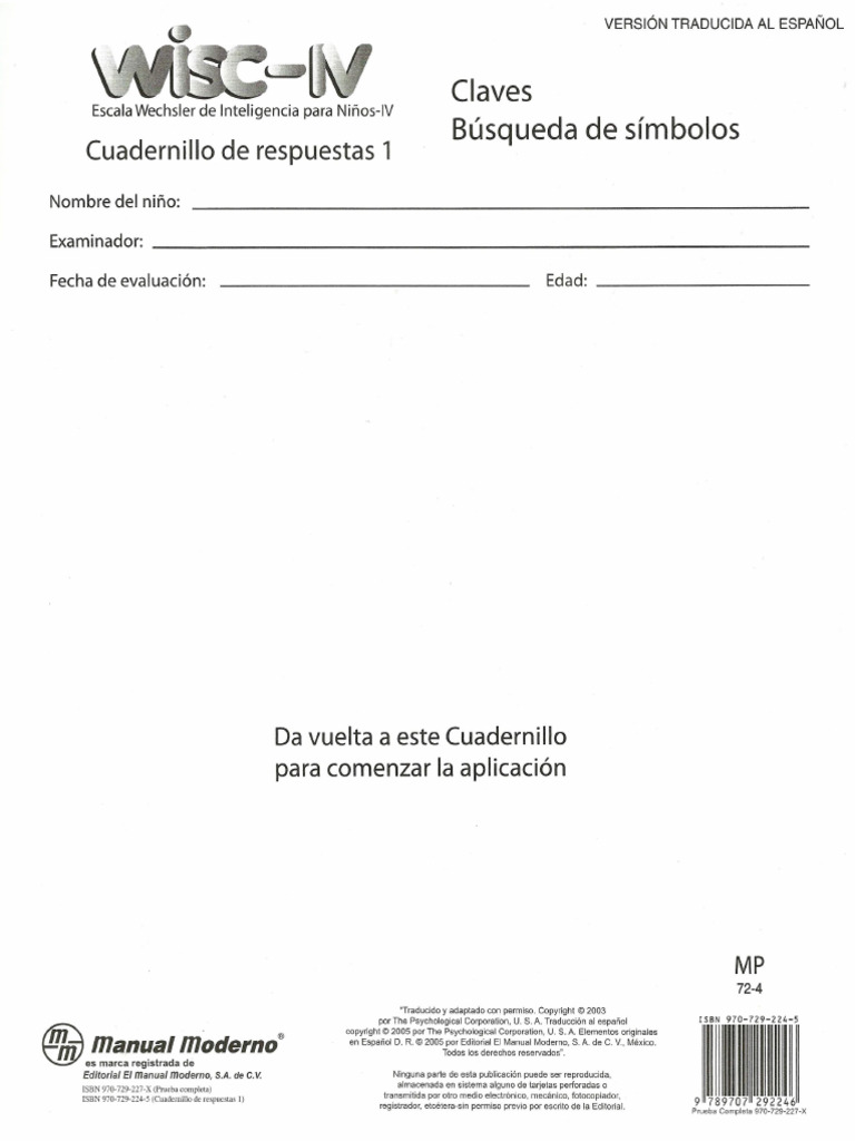 Cuadernillo Respuestas 1 - Claves y Búsqueda de Símbolos (WISC-IV) | PDF