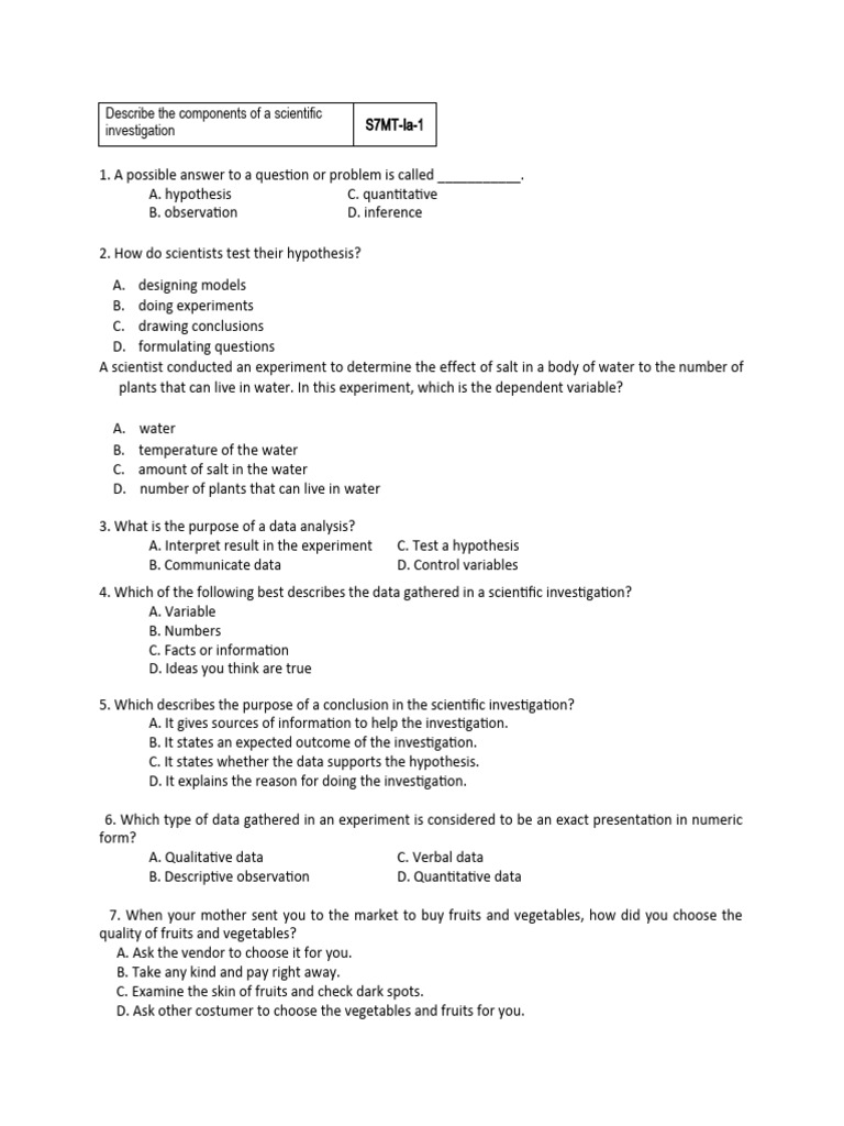 S7 Nat Questions Melc 1 | PDF | Experiment | Hypothesis