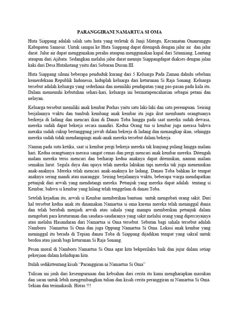 Cerita Rakyat Paranggirani Namartua Si Oma | PDF
