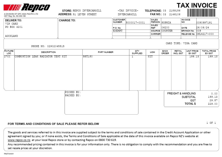 Store: Repco Invercargill TELEPHONE: 03 2189156 Address: 51 Leven ...