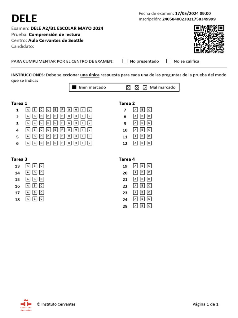 DELE A2 - B1 ESCOLAR - Modelo de Hoja de Respuesta | PDF | Evaluación y evaluación del ...