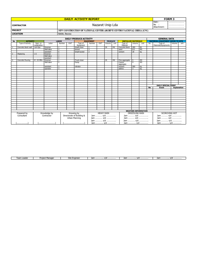 Form 3 Daily Activity Report | PDF | Concrete | Building Engineering