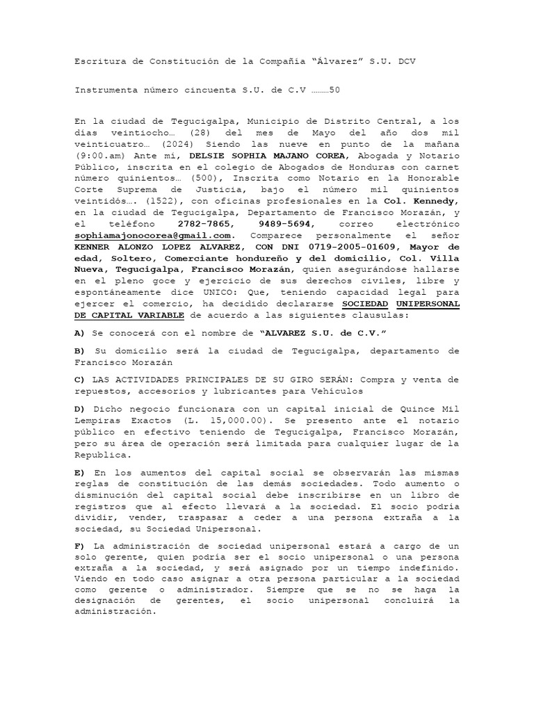 Escritura de Constitución de La Compañía | PDF | Honduras | Sociedad de responsabilidad limitada