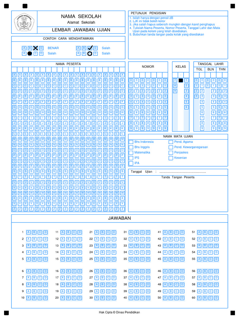 Template LJK Ujian Nasional SD Size A4 | PDF