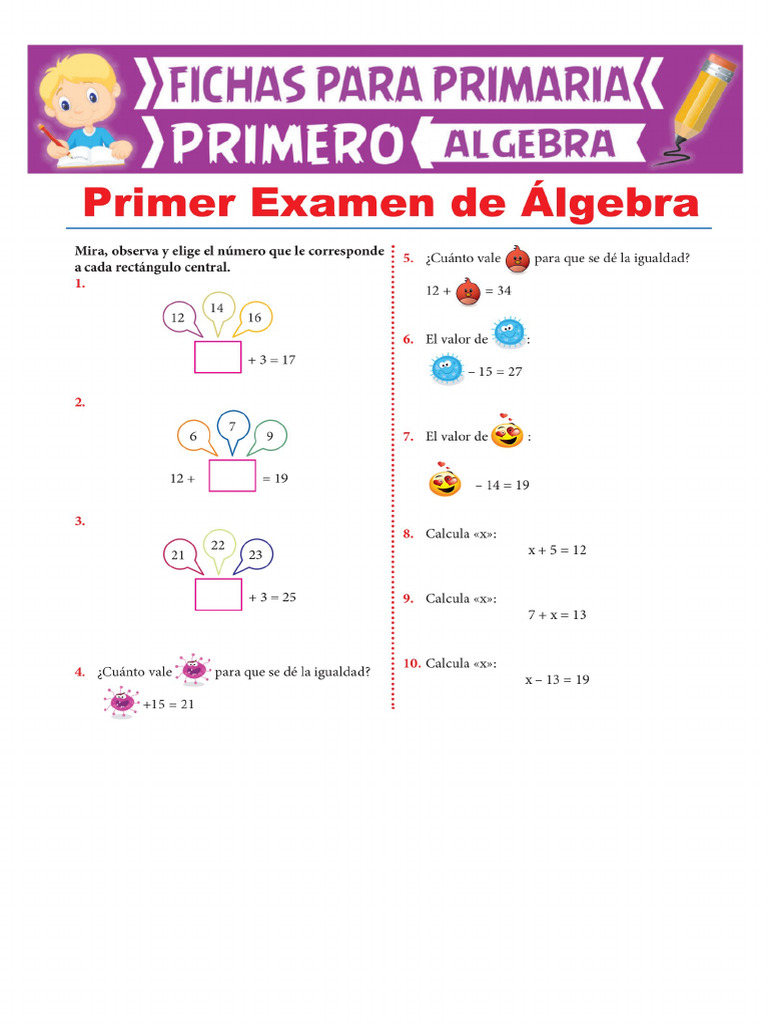 Primer Examen de Álgebra para Primero de Primaria | PDF