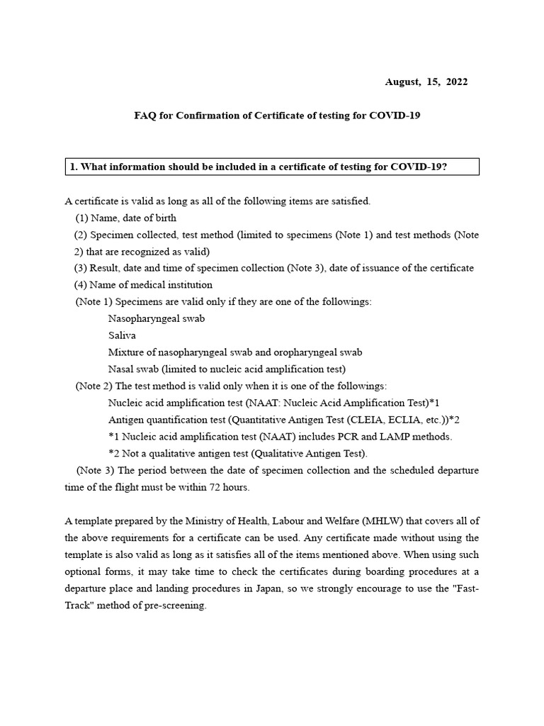 August, 15, 2022 FAQ For Confirmation of Certificate of Testing For ...
