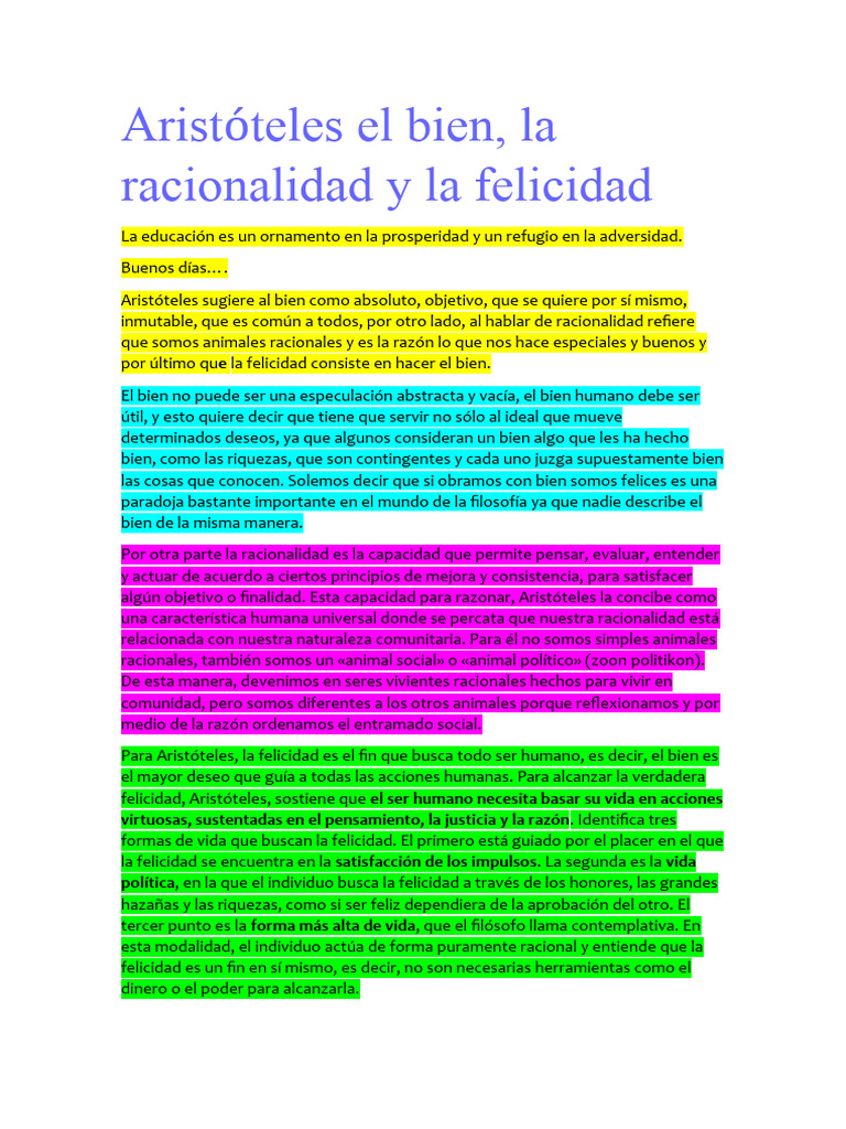 Aristóteles El Bien Pdf Felicidad Racionalidad