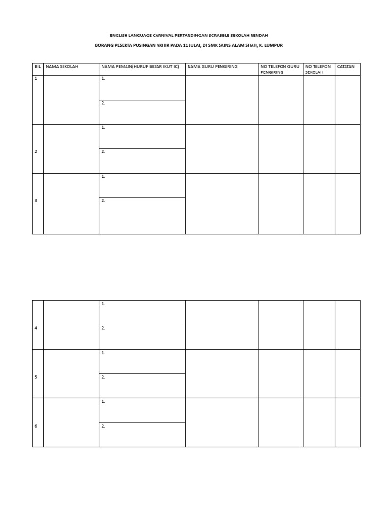 Borang Pendaftaran Scrabble Sekolah Rendah | PDF