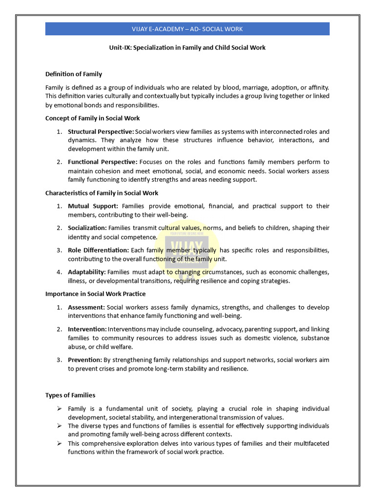 MSW-Unit IX - PART I - Specialization in Family and Child Social Work ...