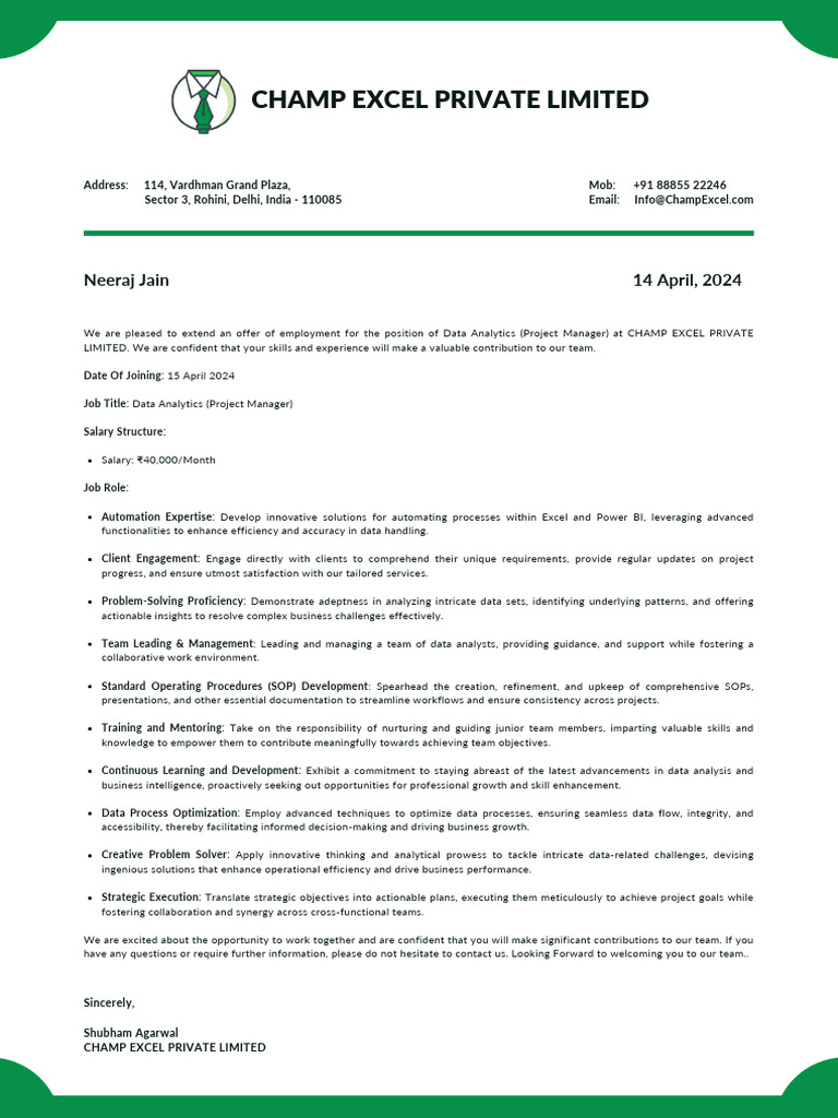 CHAMP EXCEL - Offer Letter (Neeraj Jain) | PDF | Analytics | Business ...