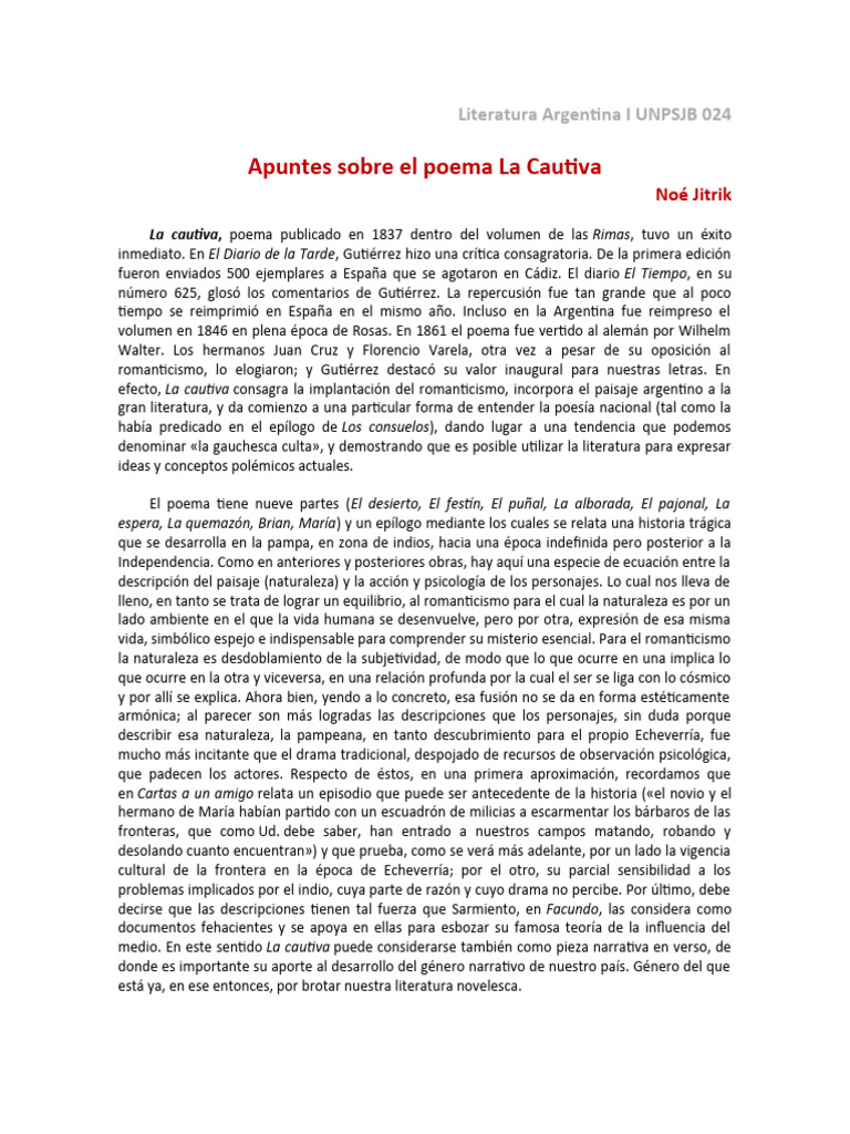 1apuntes Sobre El Poema La Cautiva - Noe Jitrik | PDF | Amor | Romanticismo