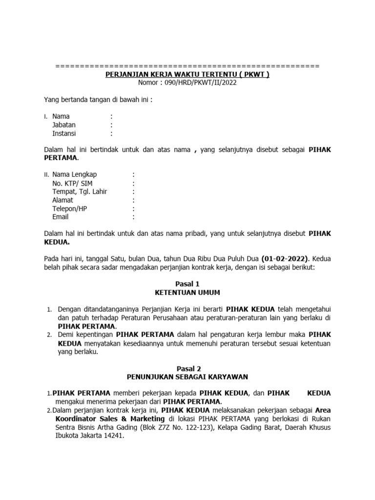 Surat Perjanjian Kerja Waktu Tertentu PKWT | PDF