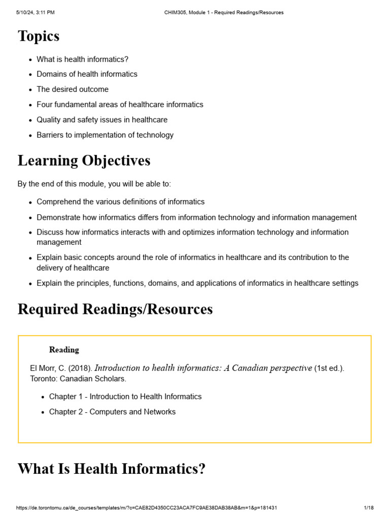 CHIM305, Module 1 - Required Readings - Resources | PDF | Health ...