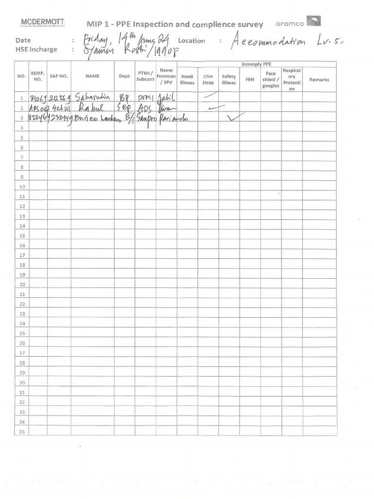 NS Acc & Aux PPE Inspection & Compliance Survey | PDF