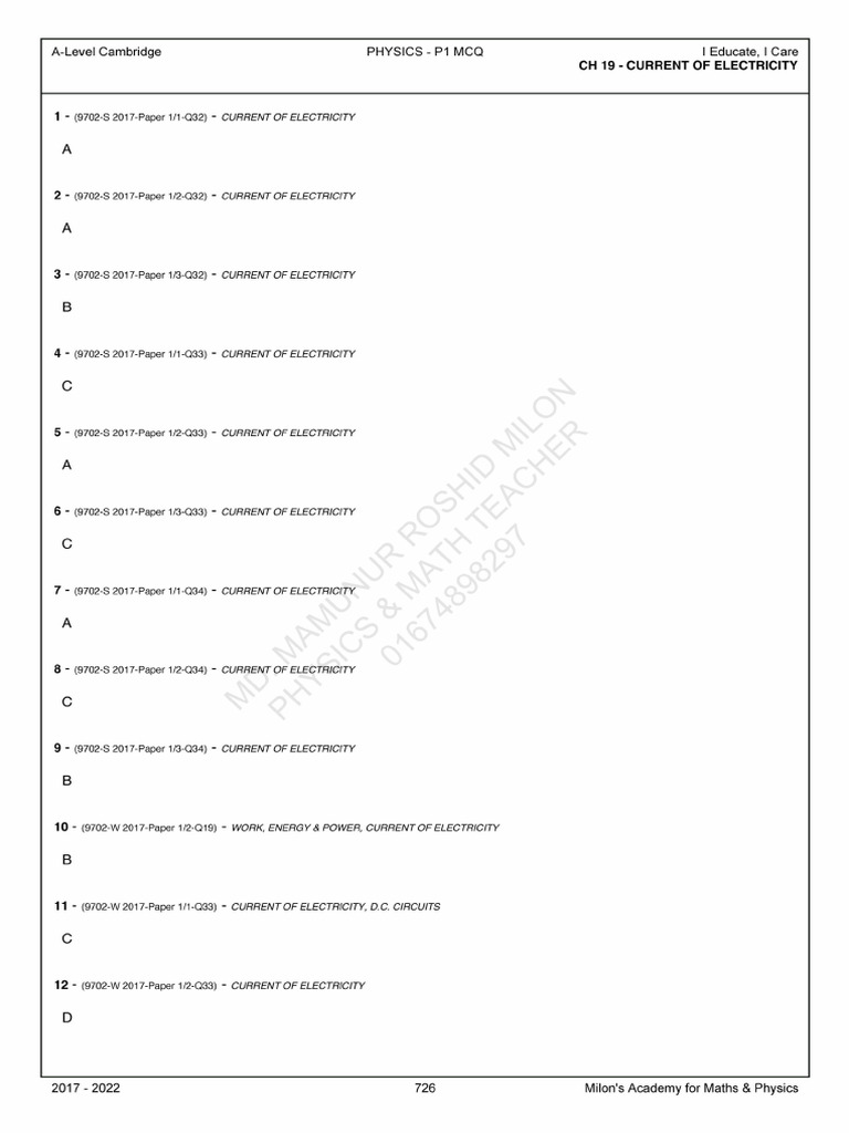CH 10 Current Electricity Paper 1 MCQ 2017 To 2022 Mark Scheme | PDF