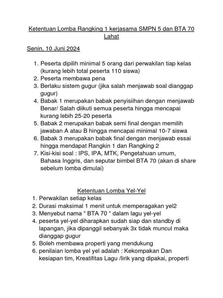 Teknis Dan Ketentuan Lomba Rangking 1 BTA & SMP 5 | PDF