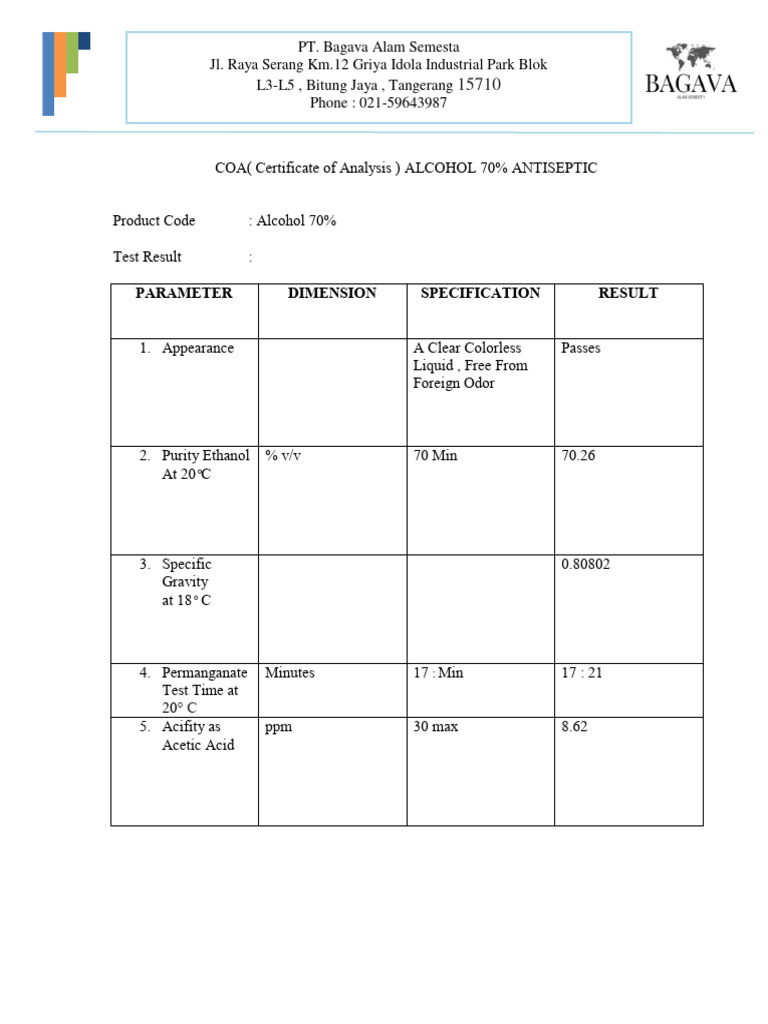 COA Alcohol 70 % Antiseptic | PDF