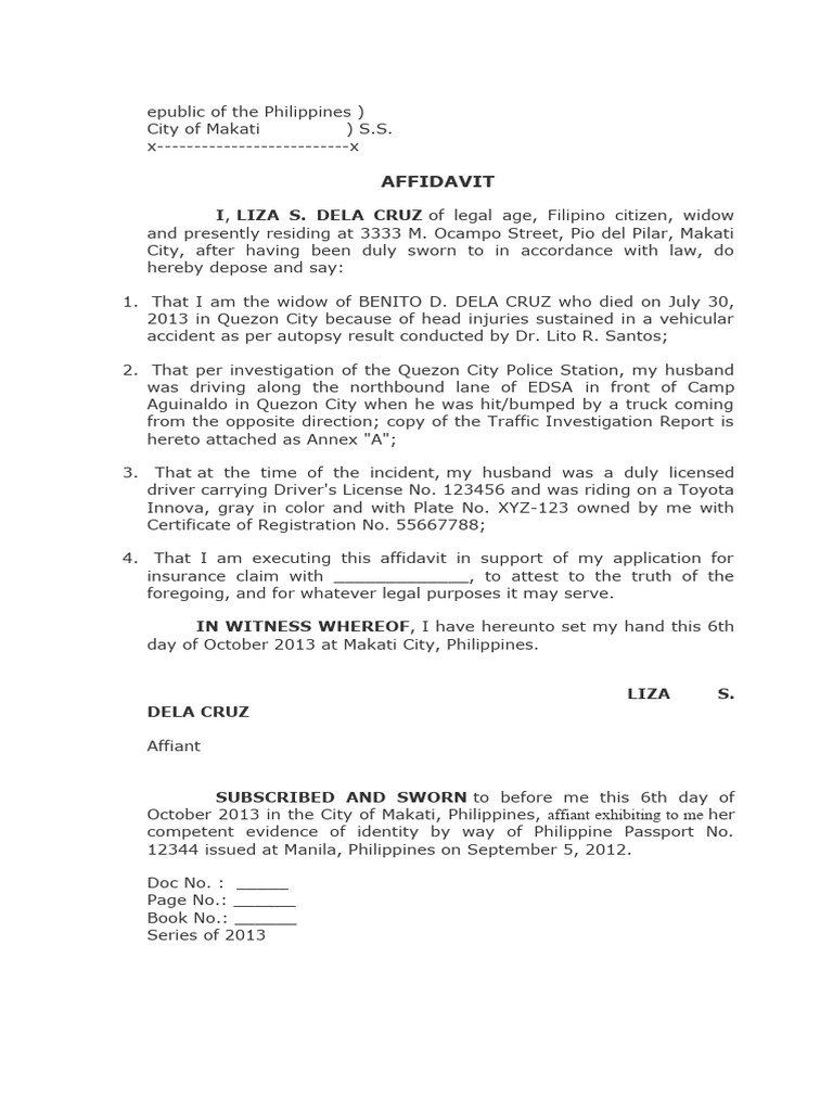 Affidavit for Insurance Claim in Makati | PDF
