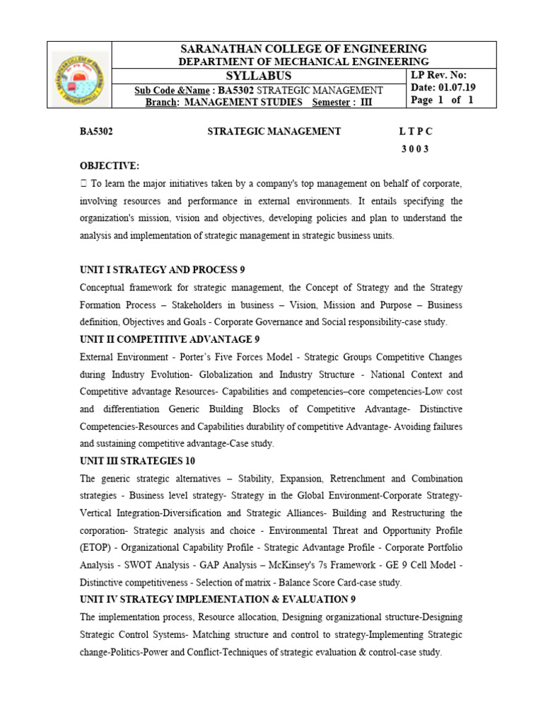 Lesson Plan - STRATEGIC MGT-JUNE 2018 | PDF | Strategic Management | Competitive Advantage