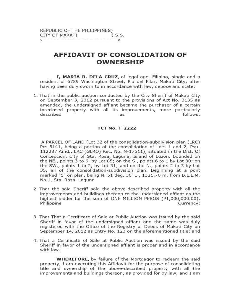 Affidavit of Consolidation of Ownership | PDF | Affidavit | Natural ...