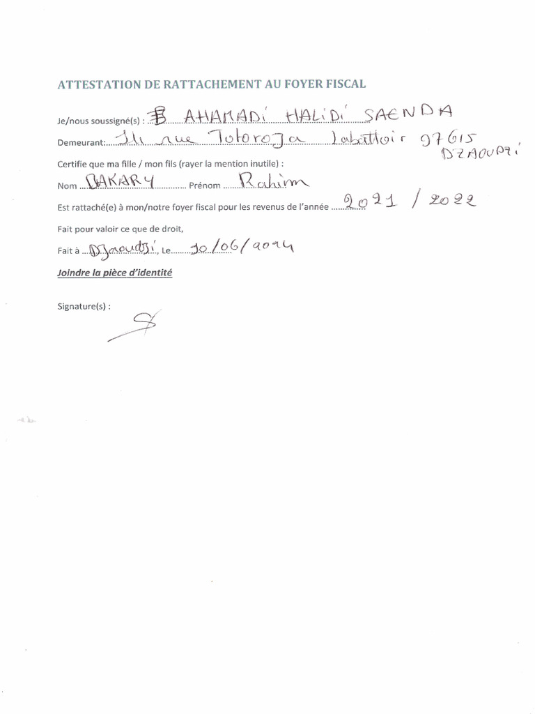 Attestaion Rattachement Fiscal RAHIM | PDF