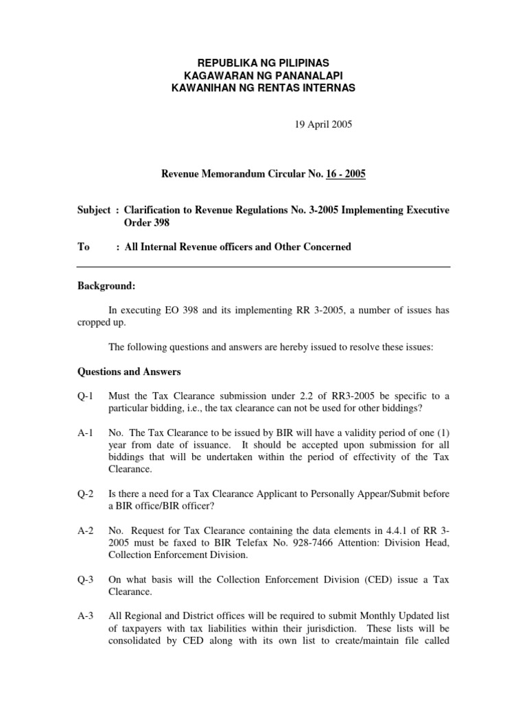BIR RMC NO. 16-2005 - Clarification For BIR RR 3-2005 | PDF | Taxes ...