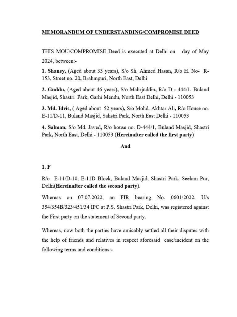 Memorandum of Understanding Shaney and Anees Cross Fir | PDF | Private ...