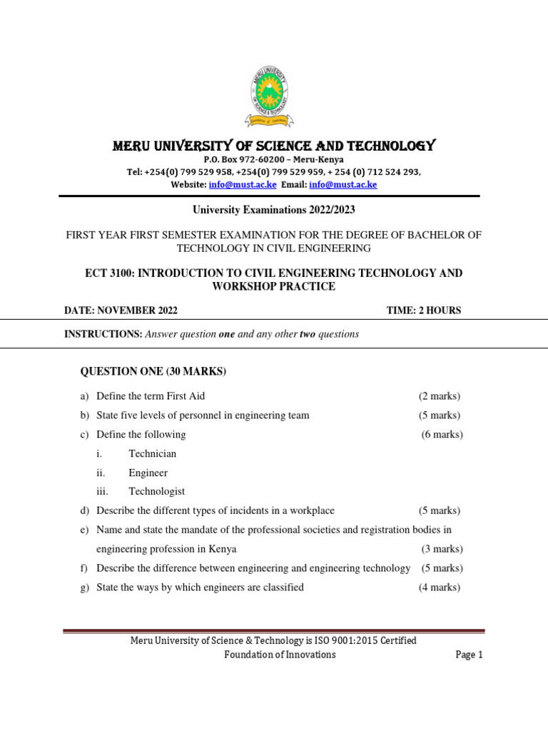 ECT 3100 Introduction To Civil Engineering Technology and Workshop Practice | PDF | Engineering ...