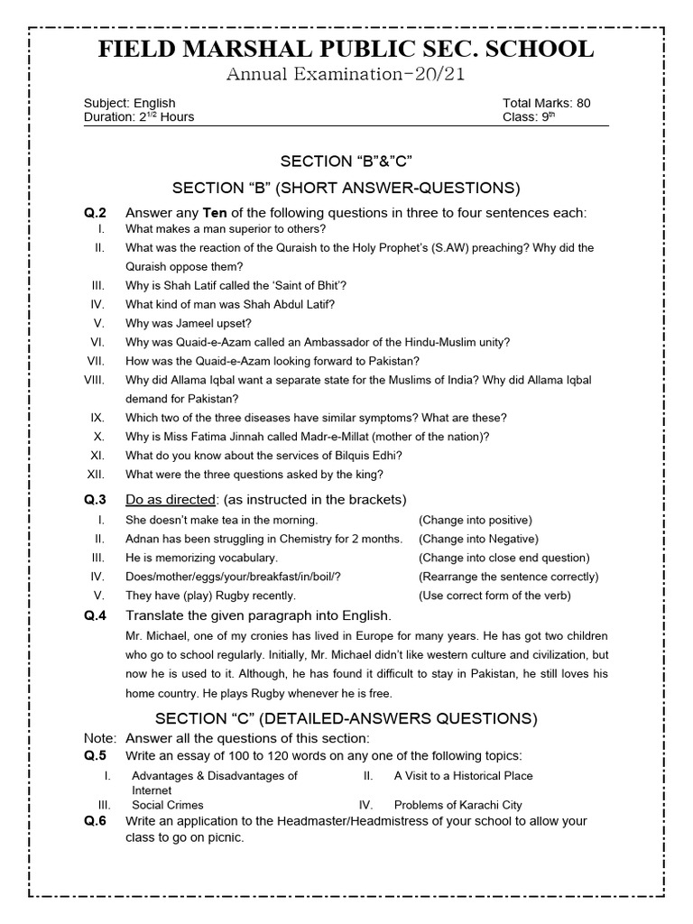 9th Ques Paper | PDF | Muhammad Ali Jinnah | Grammar