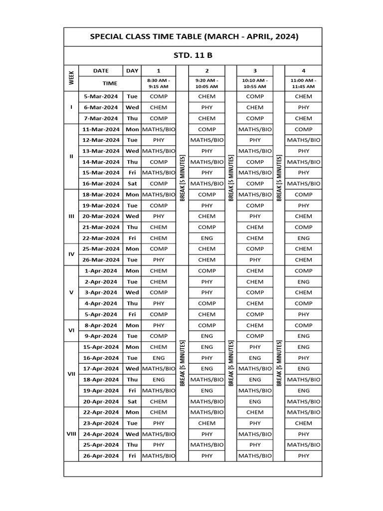 Special Class Time Table (March - April, 2024) STD. 11 B | PDF