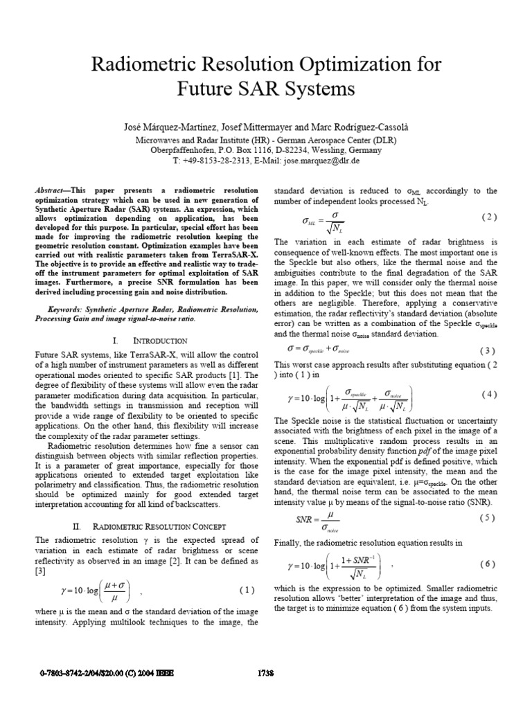 Radiometric Resolution Optimization For Future SAR Systems | PDF ...