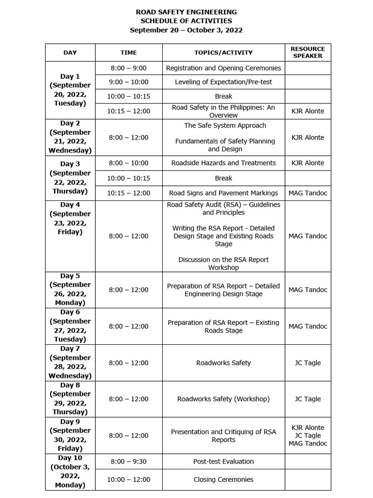 Schedule of Activities DTP - Road Safety Engg | PDF