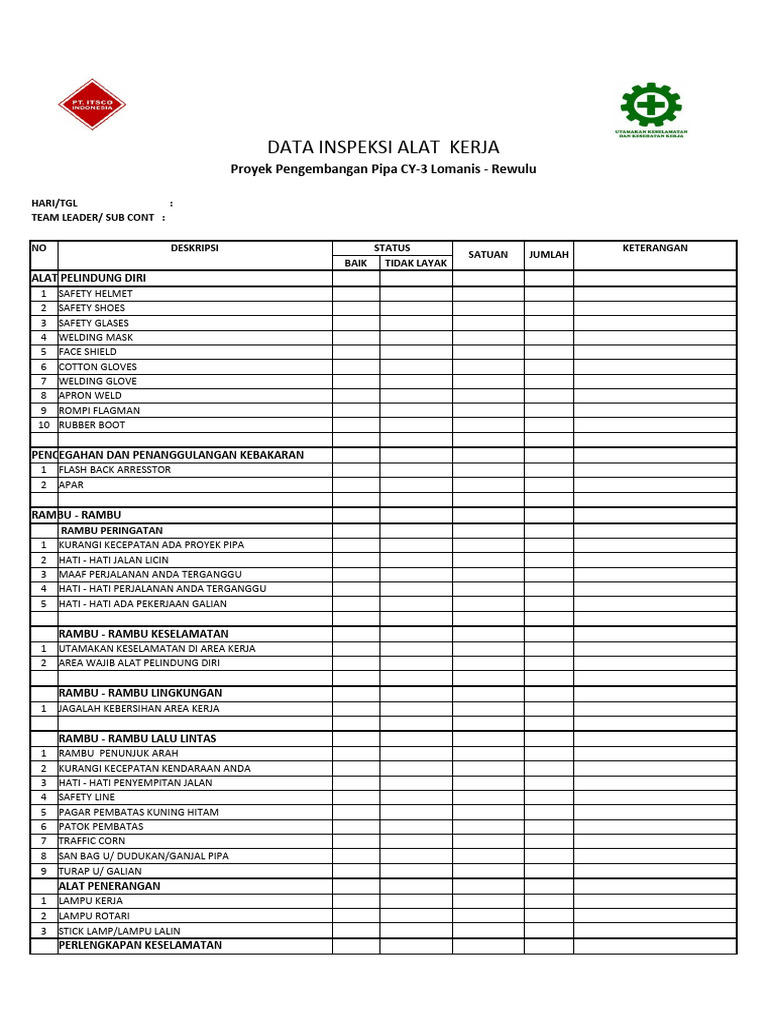 Format Inspeksi Alat Kerja Dan HSE | PDF