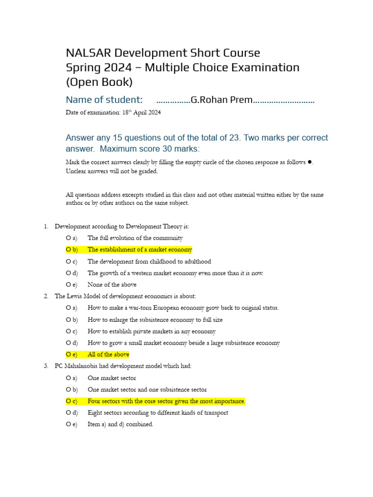 Development Short Course Multiple Choice Questionnaire | PDF ...