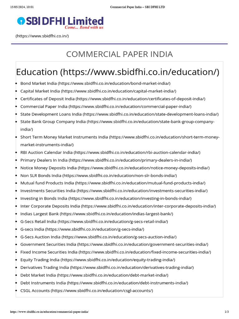 Commercial Paper India - SBI DFHI LTD | PDF | Commercial Paper | Bonds ...