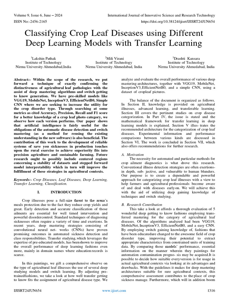 Classifying Crop Leaf Diseases Using Different Deep Learning Models With Transfer Learning | PDF ...