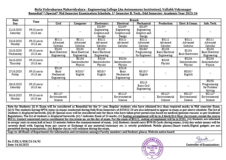 17 - Remedial-Special Mid Sem Exam Schedule For 1st Sem. B.Tech ...